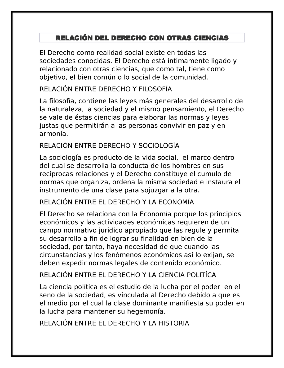 Relación Del Derecho Con Otras Ciencias RelaciÓn Del Derecho Con