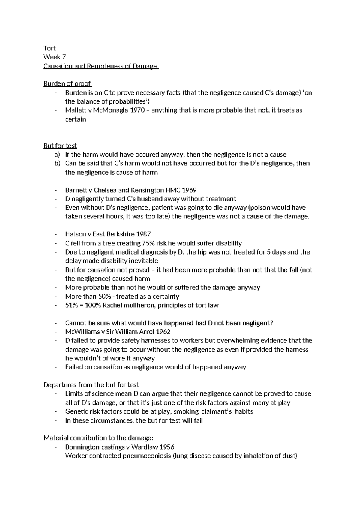 Causation And Remoteness Of Damage Tort Week 7 Causation And