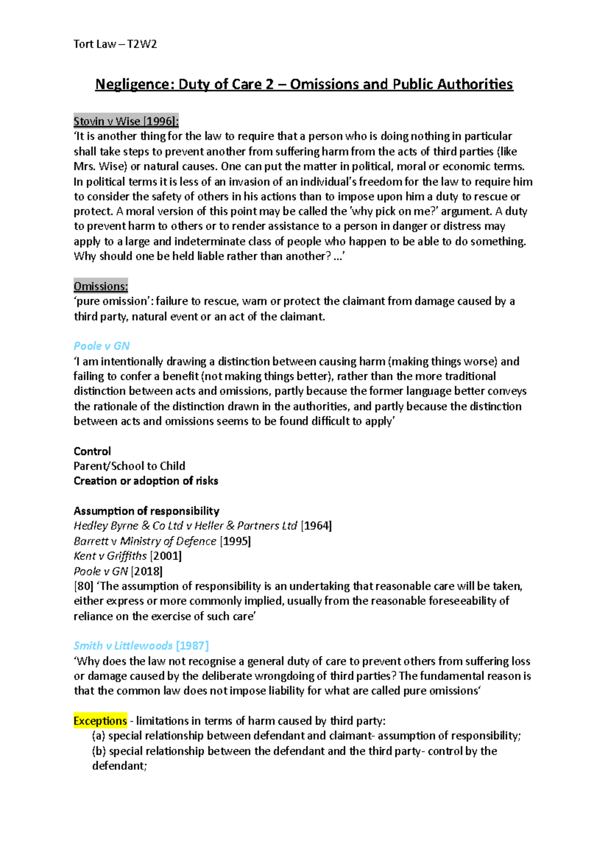 Duty Of Care 2 Tort Tort Law T2w Negligence Duty Of Care 2