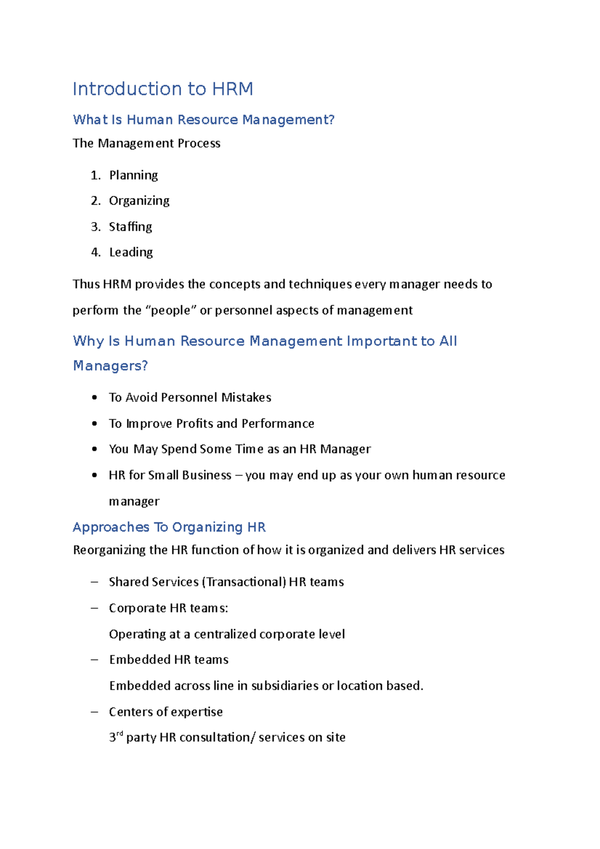 Introduction To Hrm Lecture Notes 1 Introduction To Hrm What Is