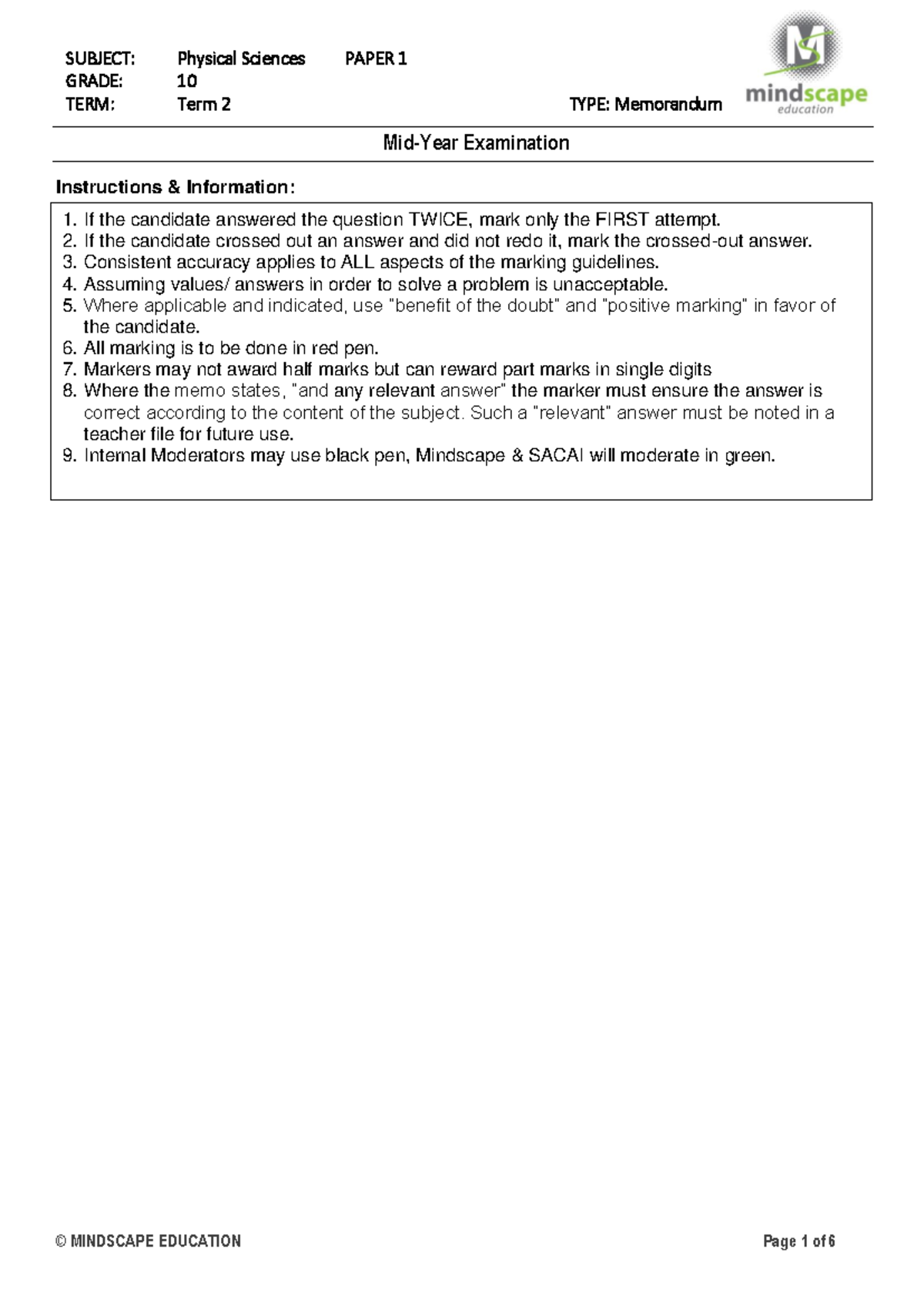 Grade 10 Physical Science June Examination Paper 1 Memorandum Subject