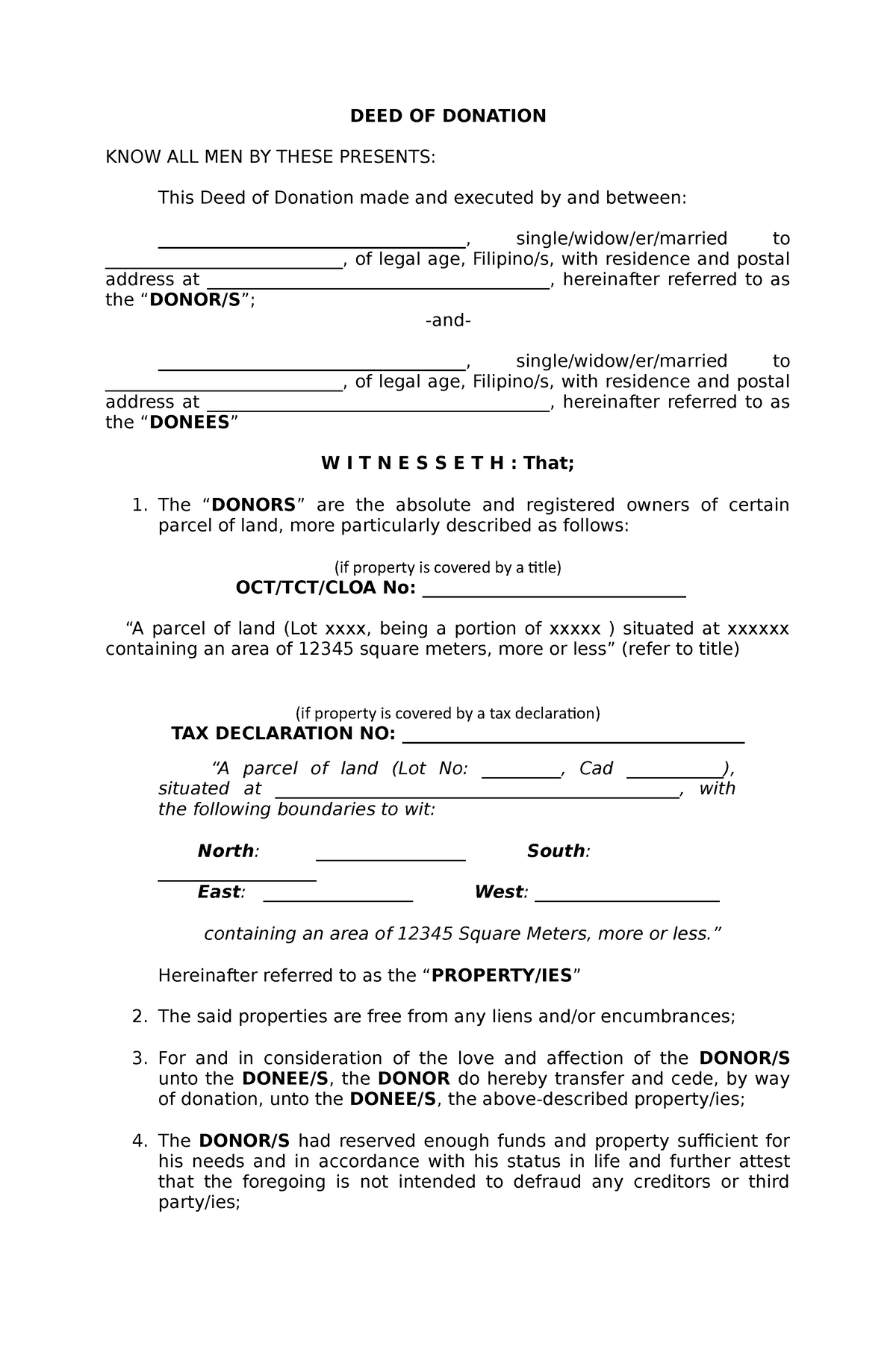 Blank Deed Of Donation Deed Of Donation Know All Men By These