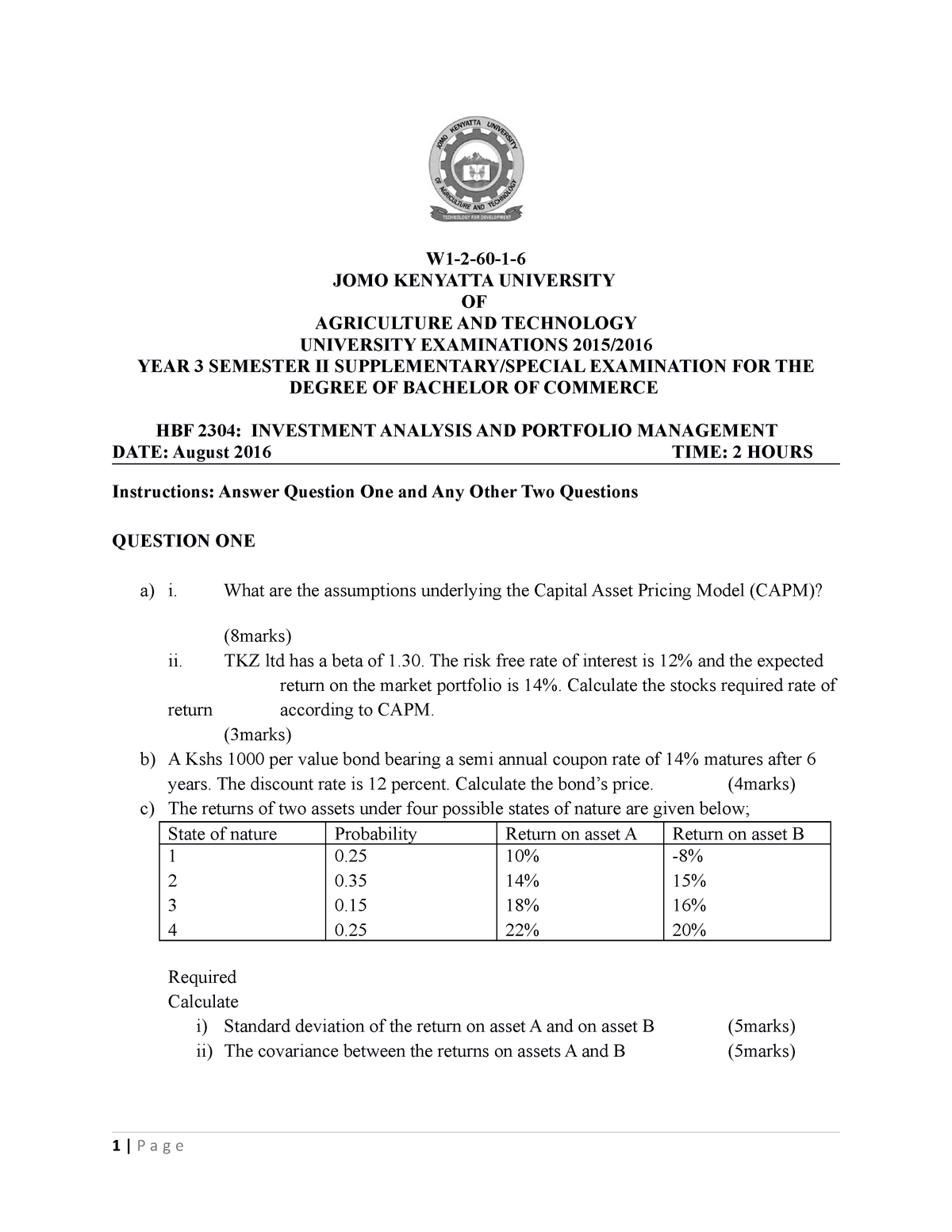 Exam 1 August 2016 Questions And Answers W1 2 60 1 6 Jomo Kenyatta