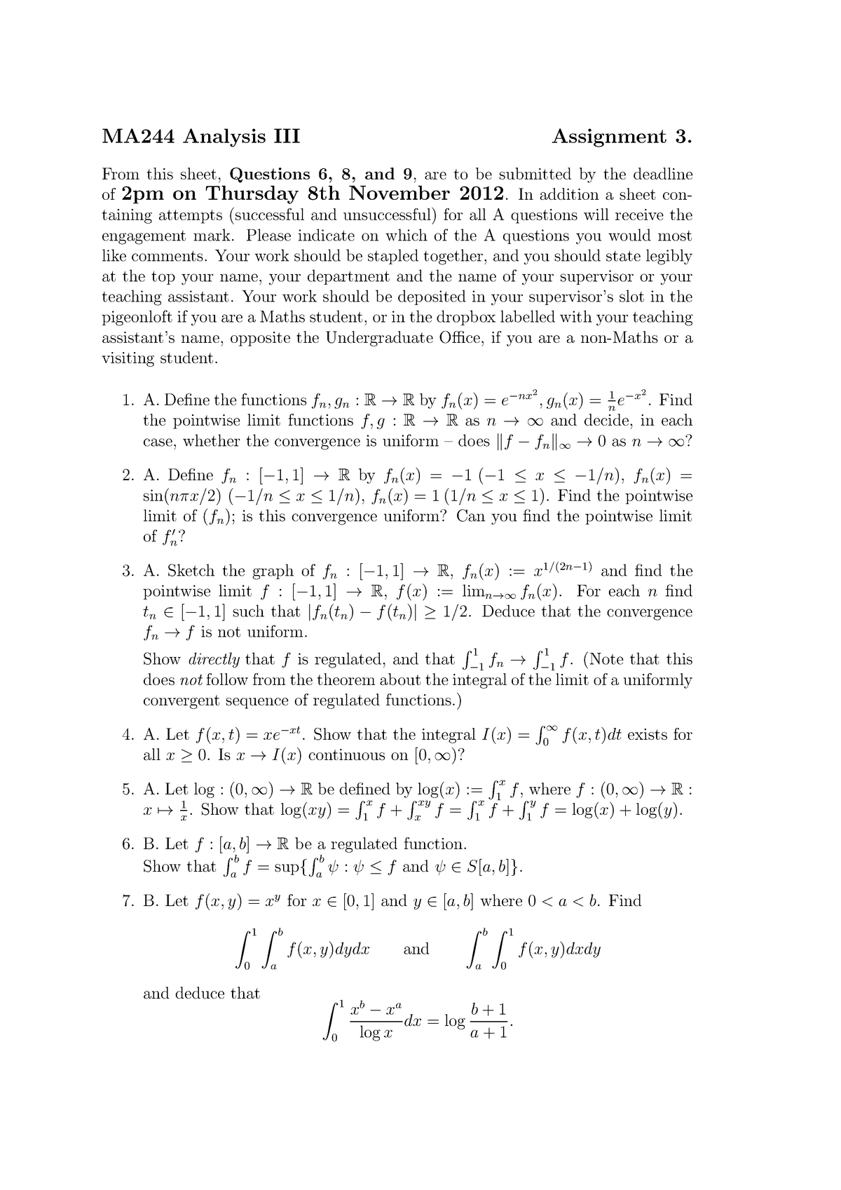 Exercise Sheet 3 Questions Ma244 Analysis Iii Assignment 3 From