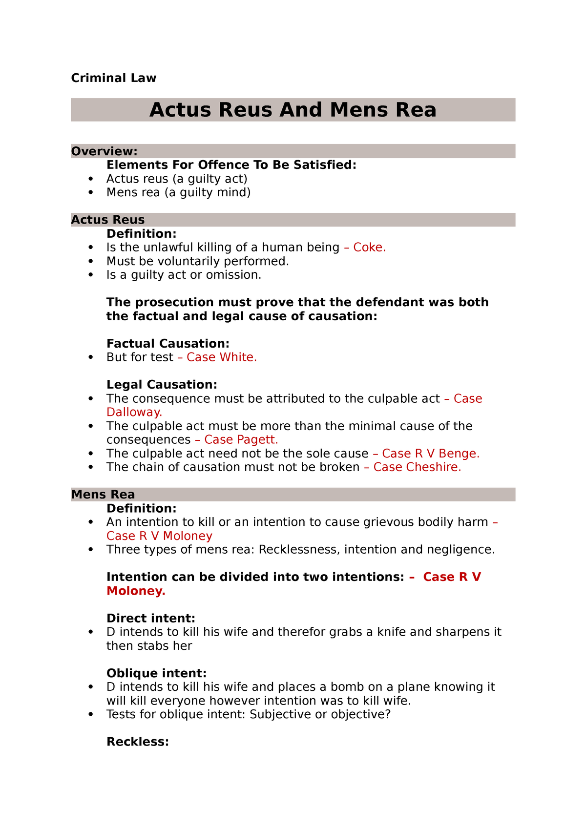 Actus Reus And Mens Rea Criminal Law Actus Reus And Mens Rea Overview