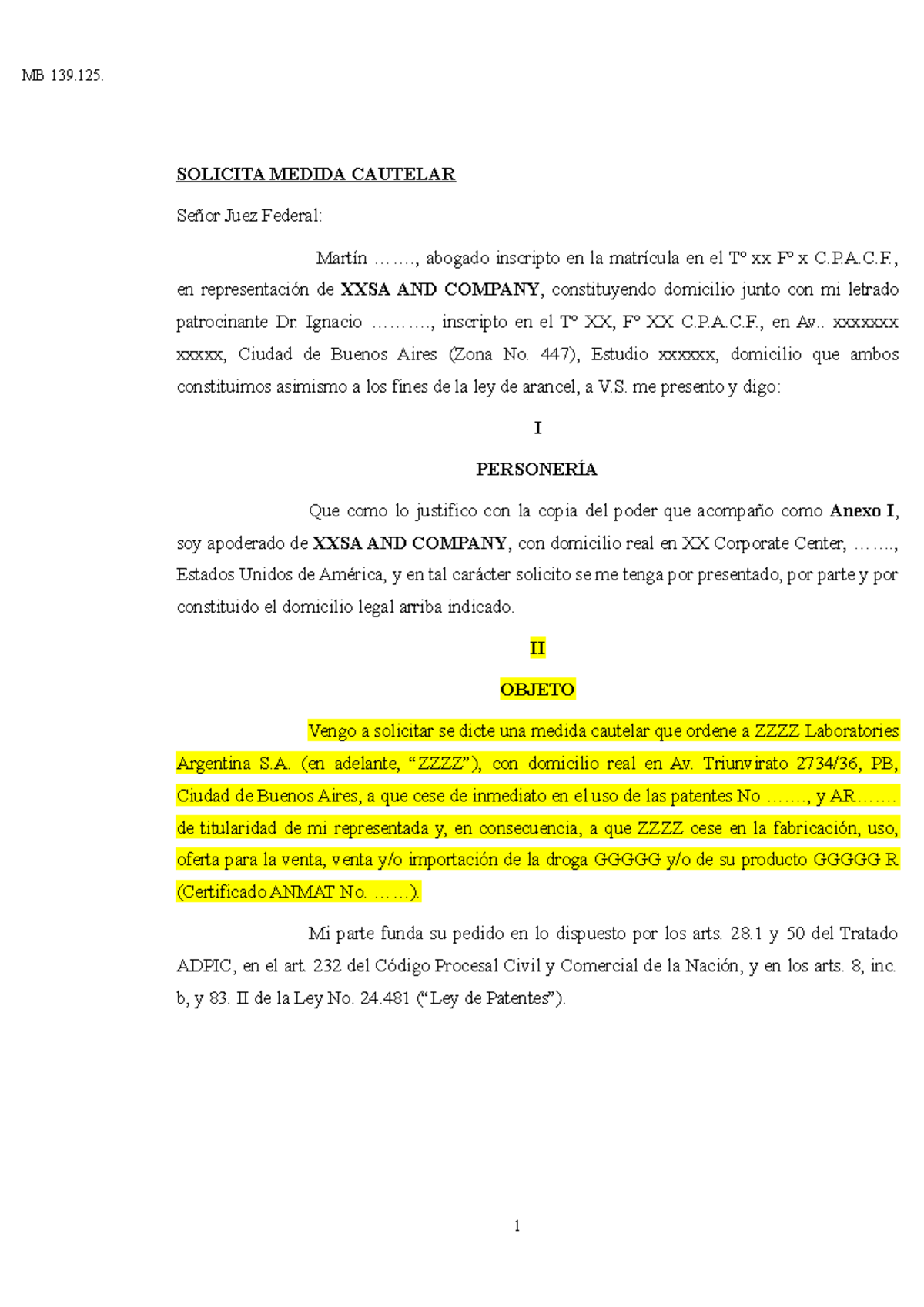 Modelo Medida Cautelar Mb 139 Solicita Medida Cautelar Juez Federal