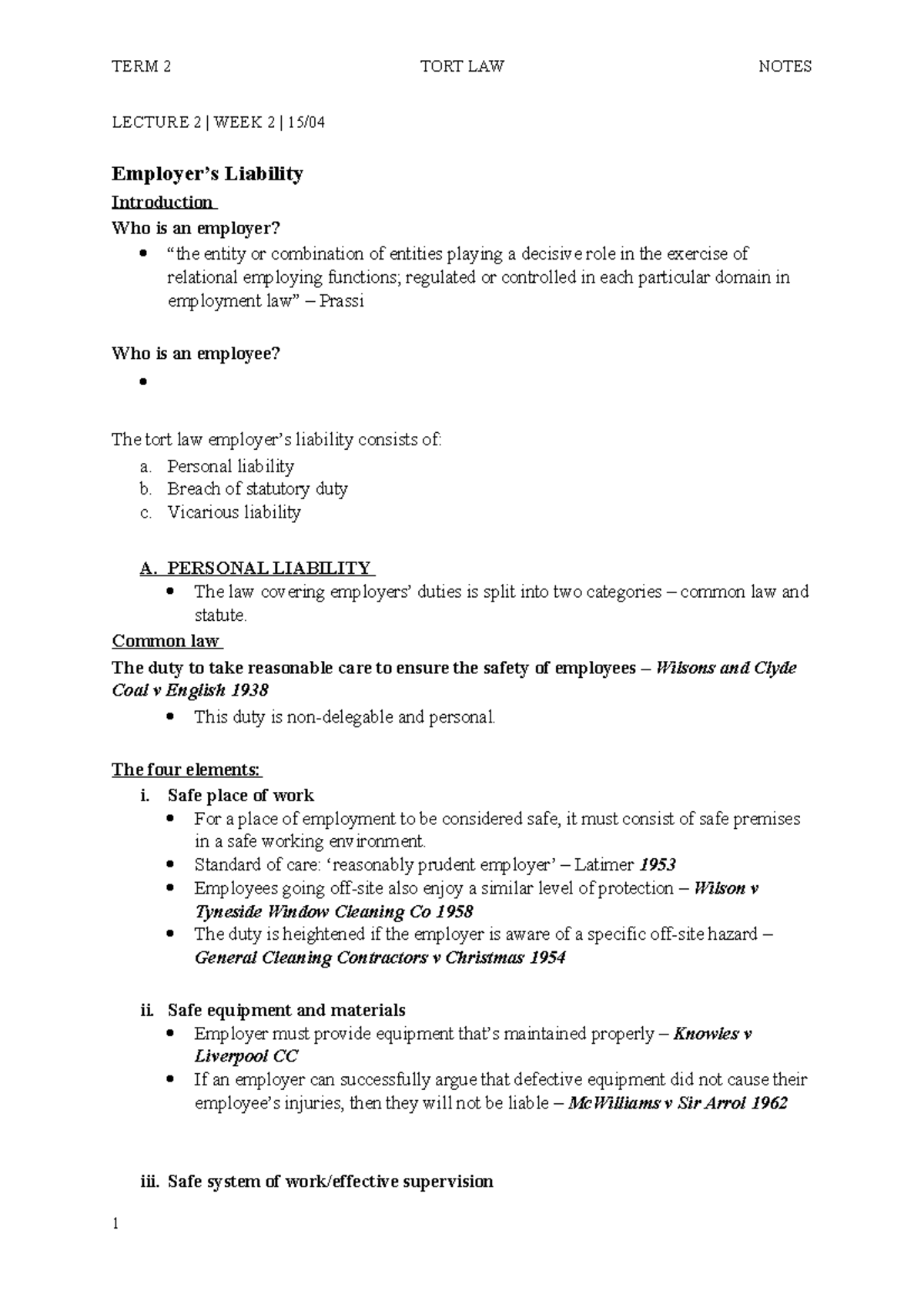 Employers Liability Term 2 Tort Law Notes Lecture 2 Week 2 1504