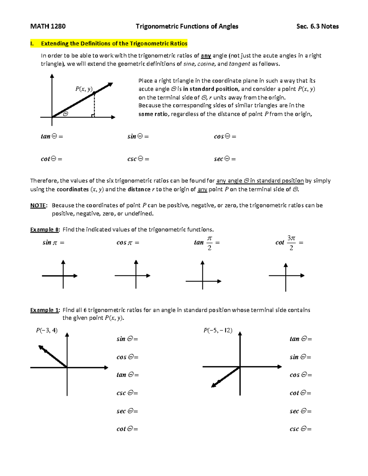 Notes Sec 63 Trig Functions Of Angles I Extending The