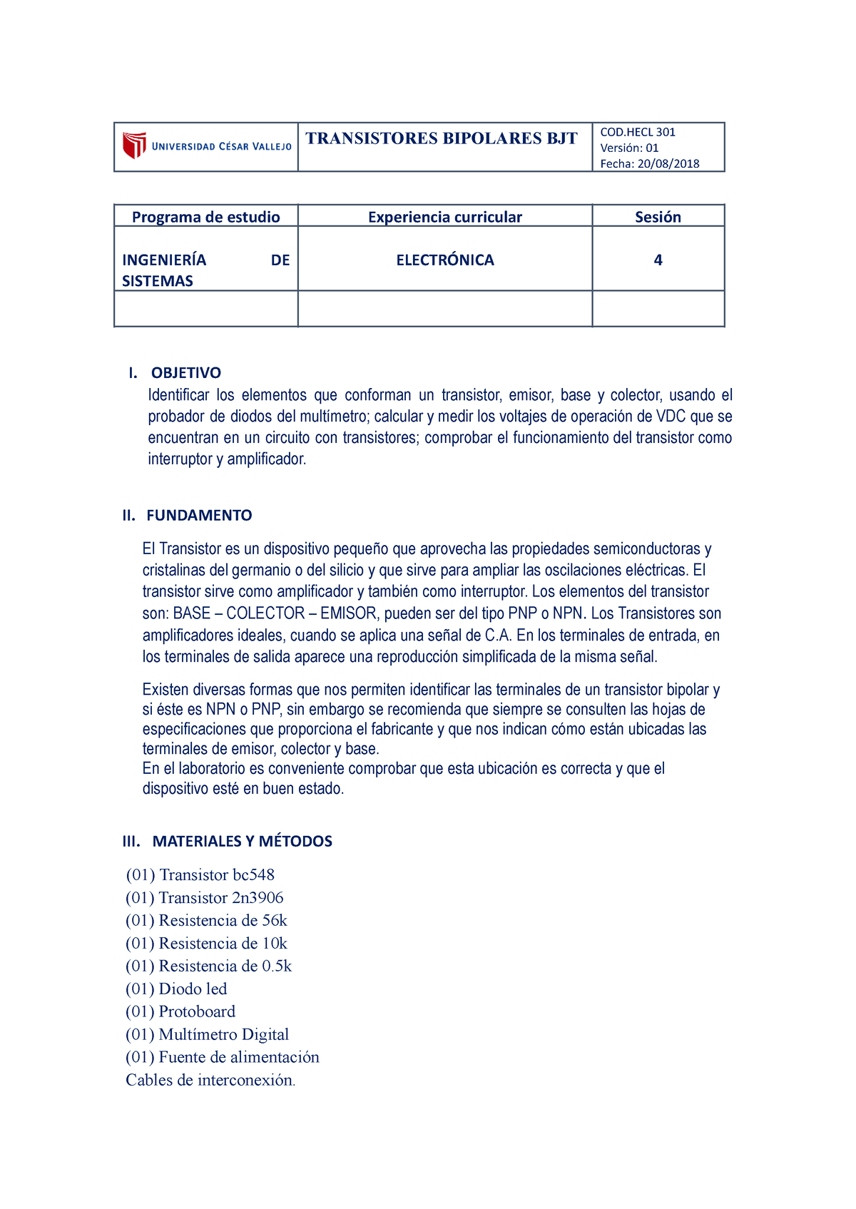 GuÍa De Práctica De Laboratorio N° 4 Transistores Bipolares Bjt Cod