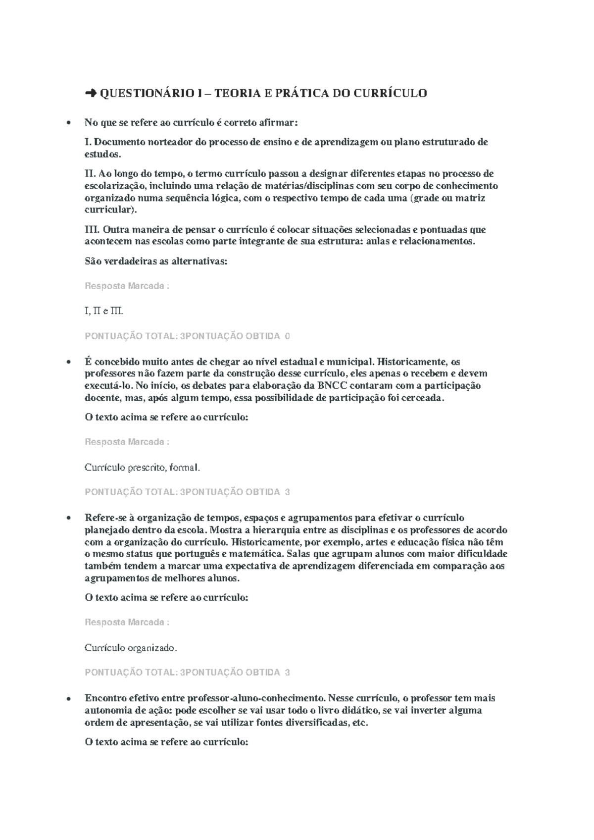 Questionário I Teoria E Prática Do Currículo QuestionÁrio I