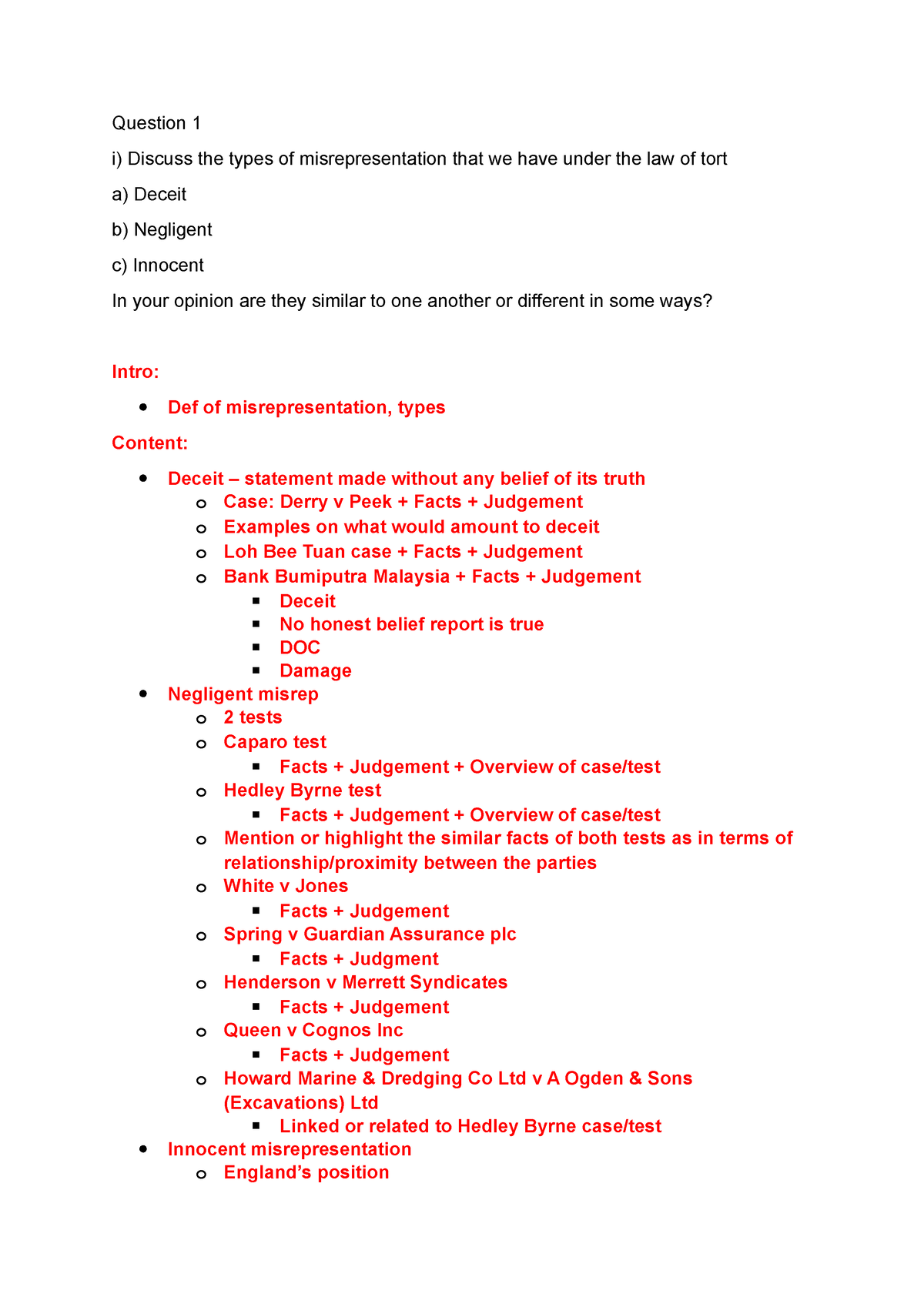 Tutorial 6 Torts Question 1 I Discuss The Types Of Misrepresentation