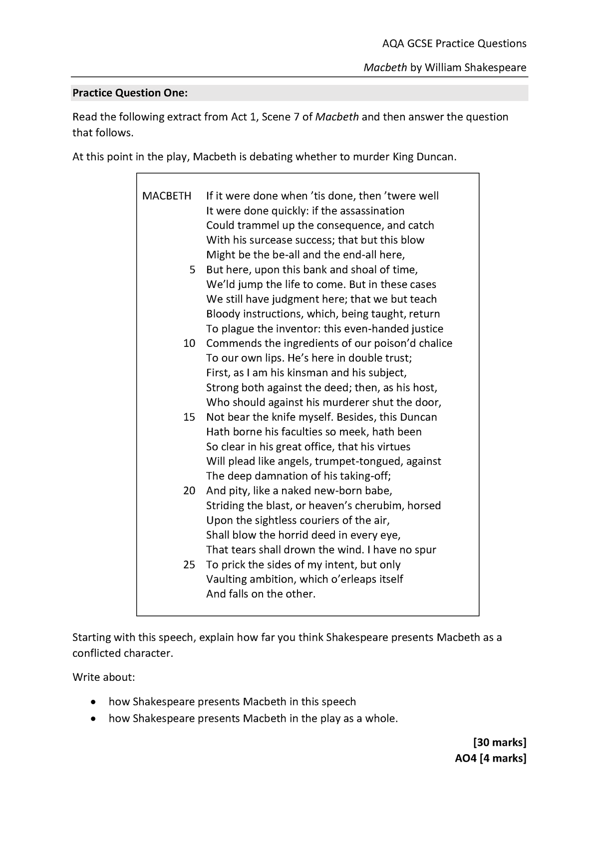 Macbeth Practice Questions Macbeth By William Shakespeare Practice