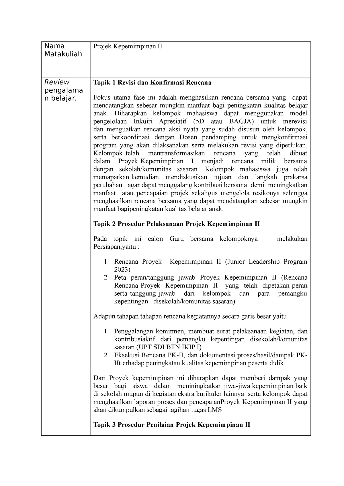 Jurnal Refleksi Pk Ii Nama Matakuliah Projek Kepemimpinan Ii Review