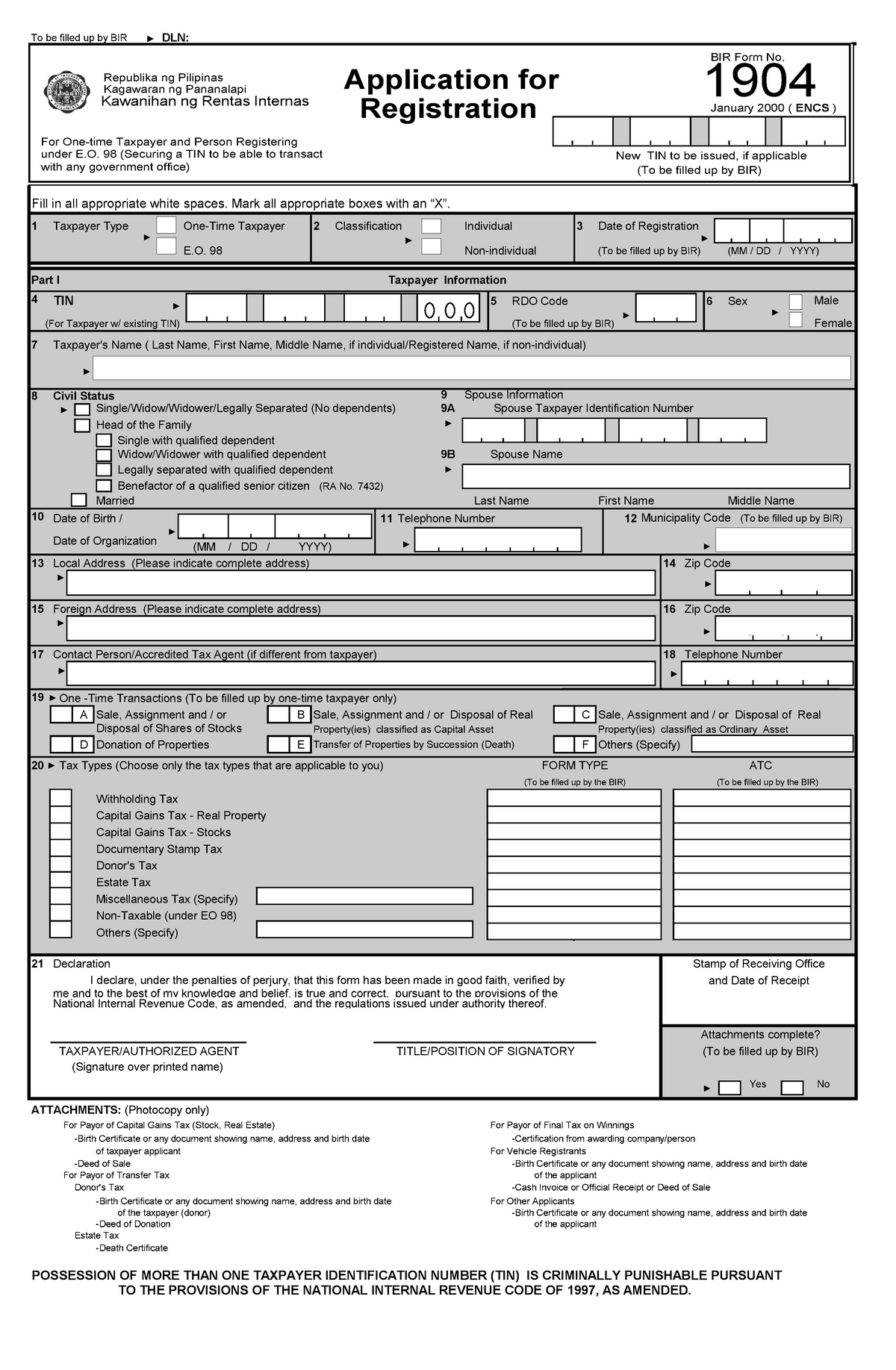 Bir Form 1904 Sample Format To Be Filled Up By Bir Dln Fill In All