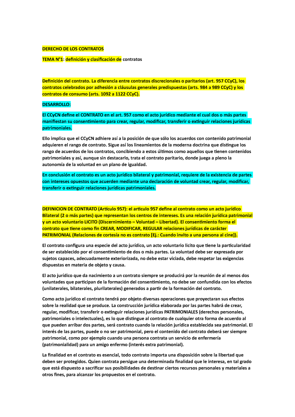 Resumen Final Contratos Derecho De Los Contratos Tema N°1 Definición