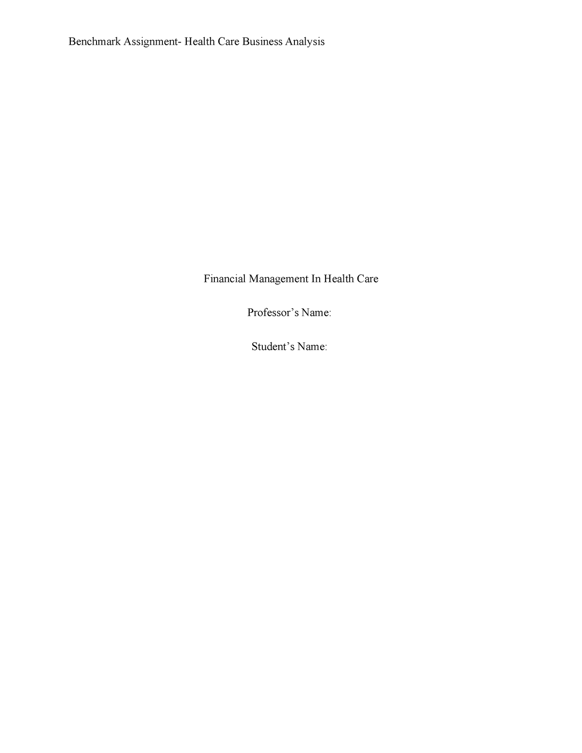 Financial Management In Health Care Financial Management In Health