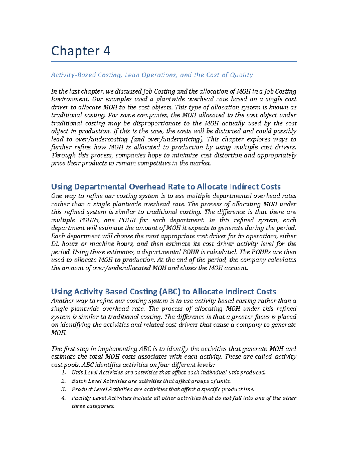 Lecture Chapter 4 Chapter 4 Activity Based Costing Lean Operations