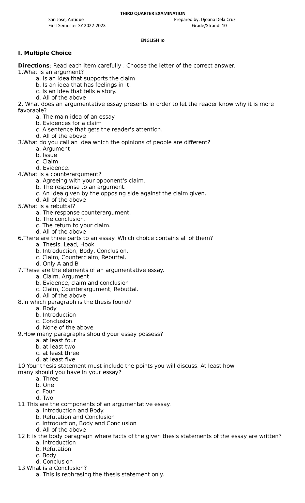 Englisg 10 Quarter Exam In English 10 English 10 I Multiple Choice