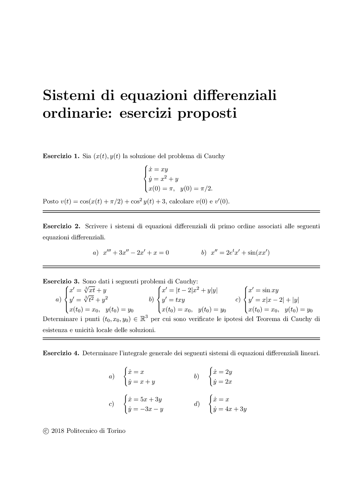 Esercizi Proposti 13 Sistemi Di Equazioni Differenziali Ordinarie