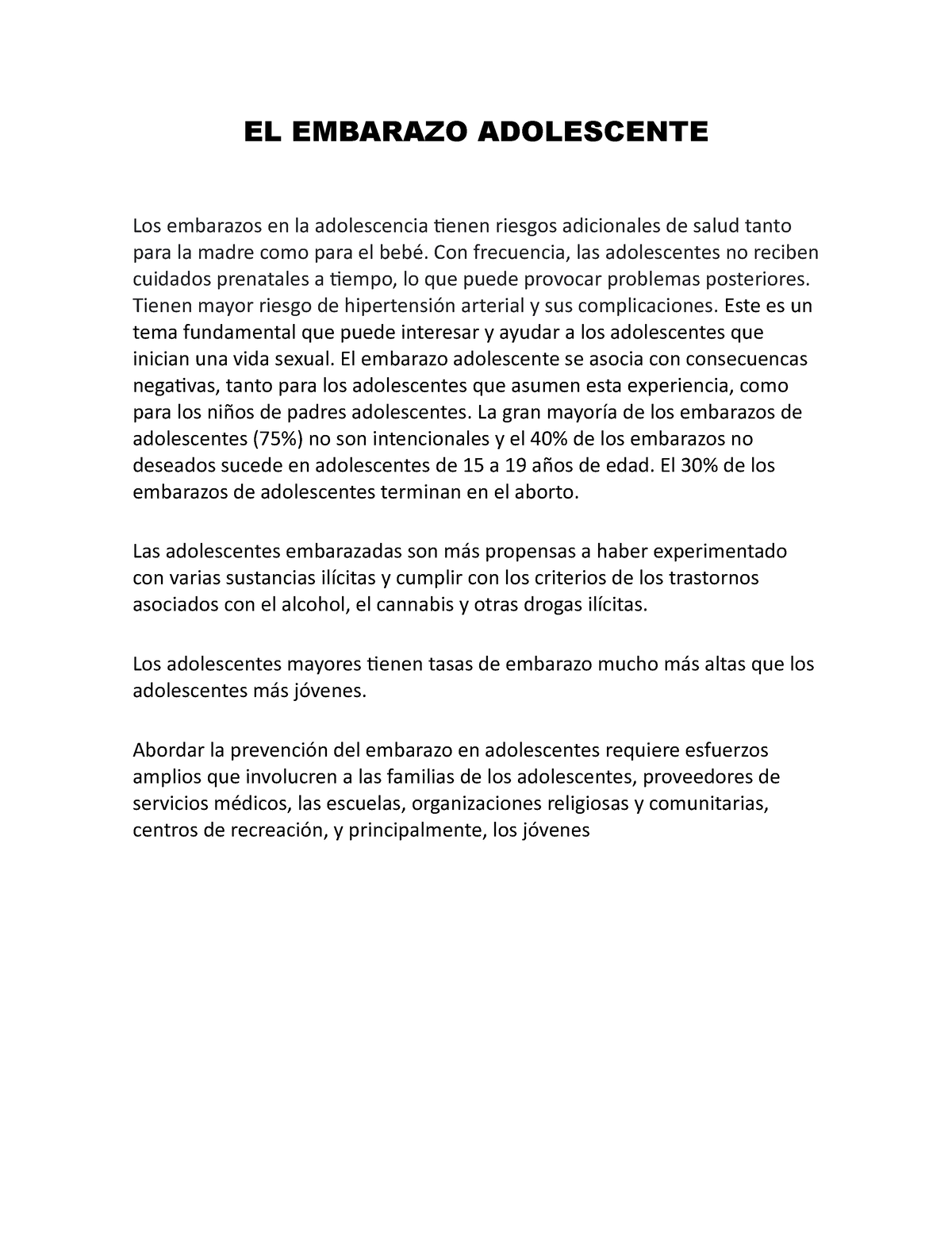 El Embarazo Adolescente Y Adultos E Niños Y El Abuso Escolar El