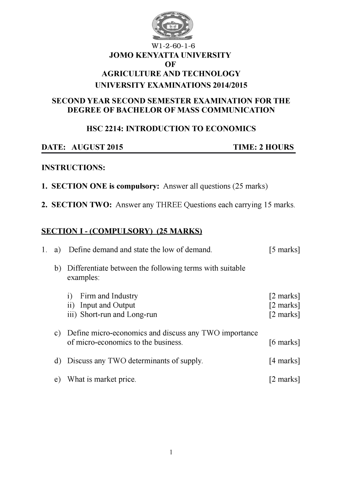 Exam August 2015 Questions W1 2 60 1 6 Jomo Kenyatta University Of