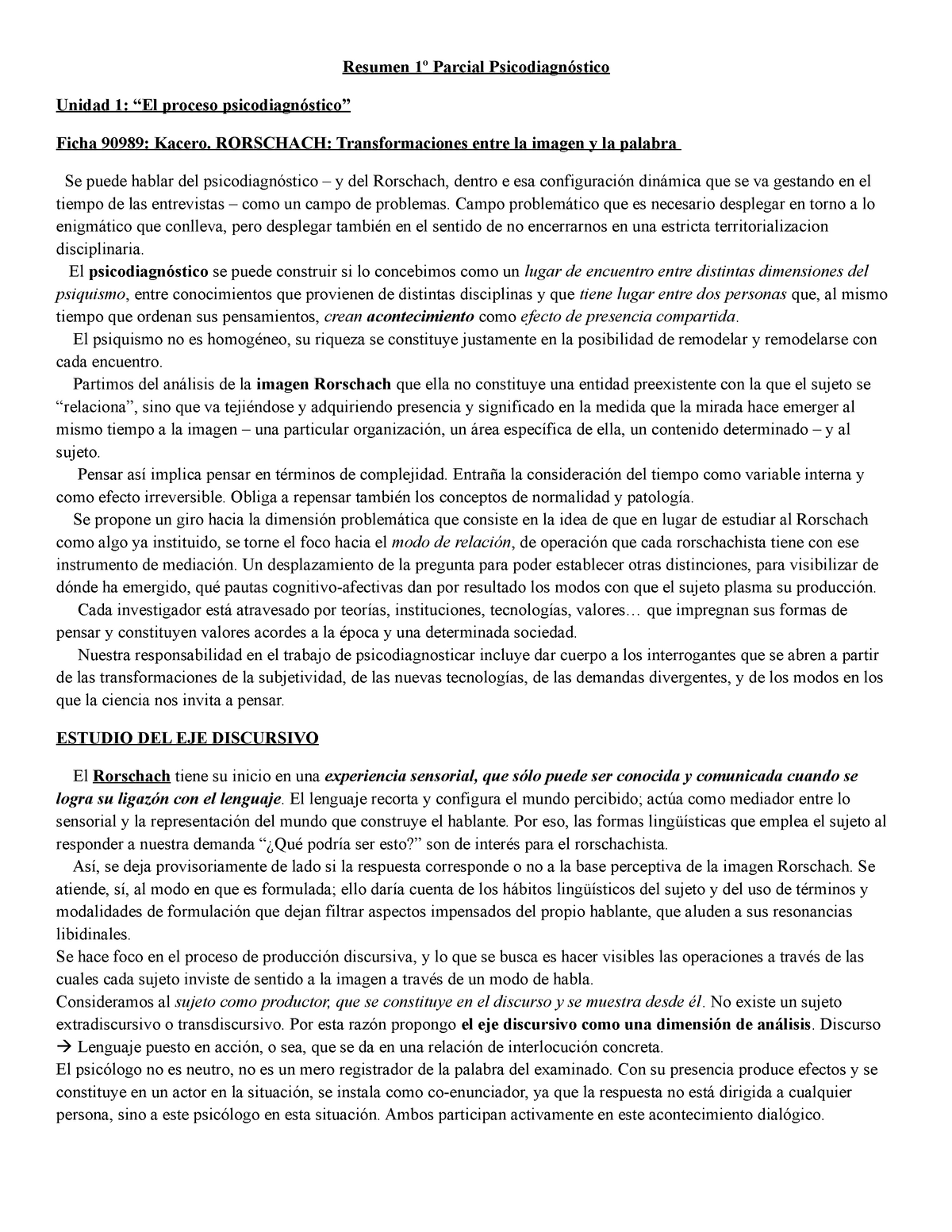 1° Parcial De Psicodiagnostico Resumen 1º Parcial Psicodiagnóstico