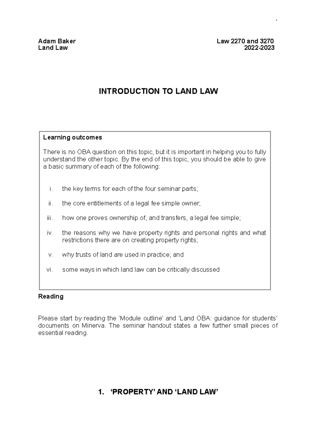 Land 1 Introduction To Land Law Handout 2022 Adam Baker Law