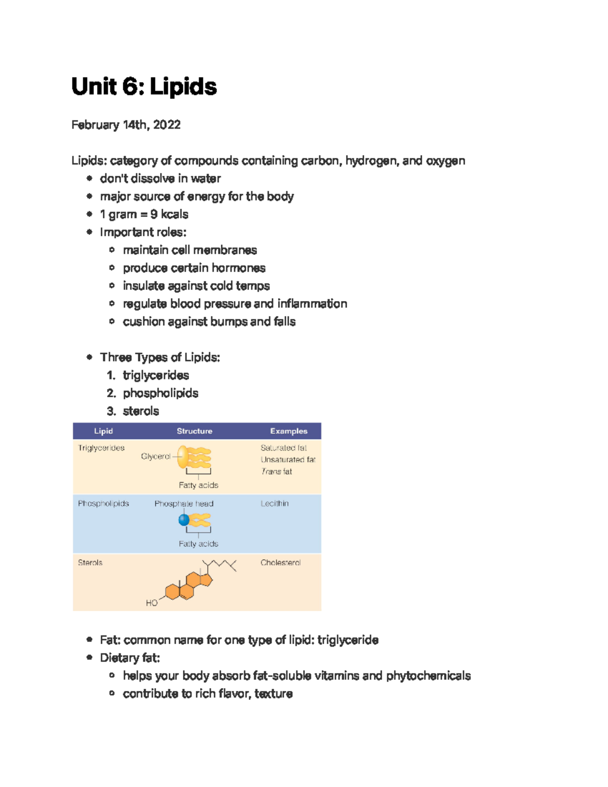 Unit 6 Lipids Lecture Notes From Entire Unit 6 Professor Lynn Brann