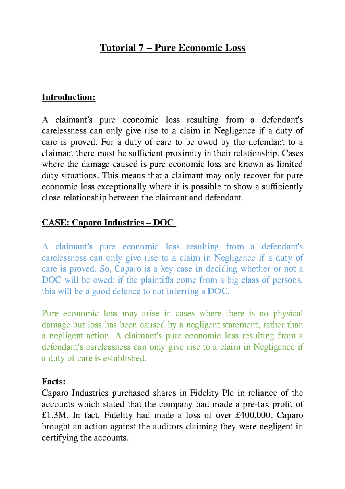 Tort Pure Economic Loss Seminar Tutorial 7 Pure Economic Loss