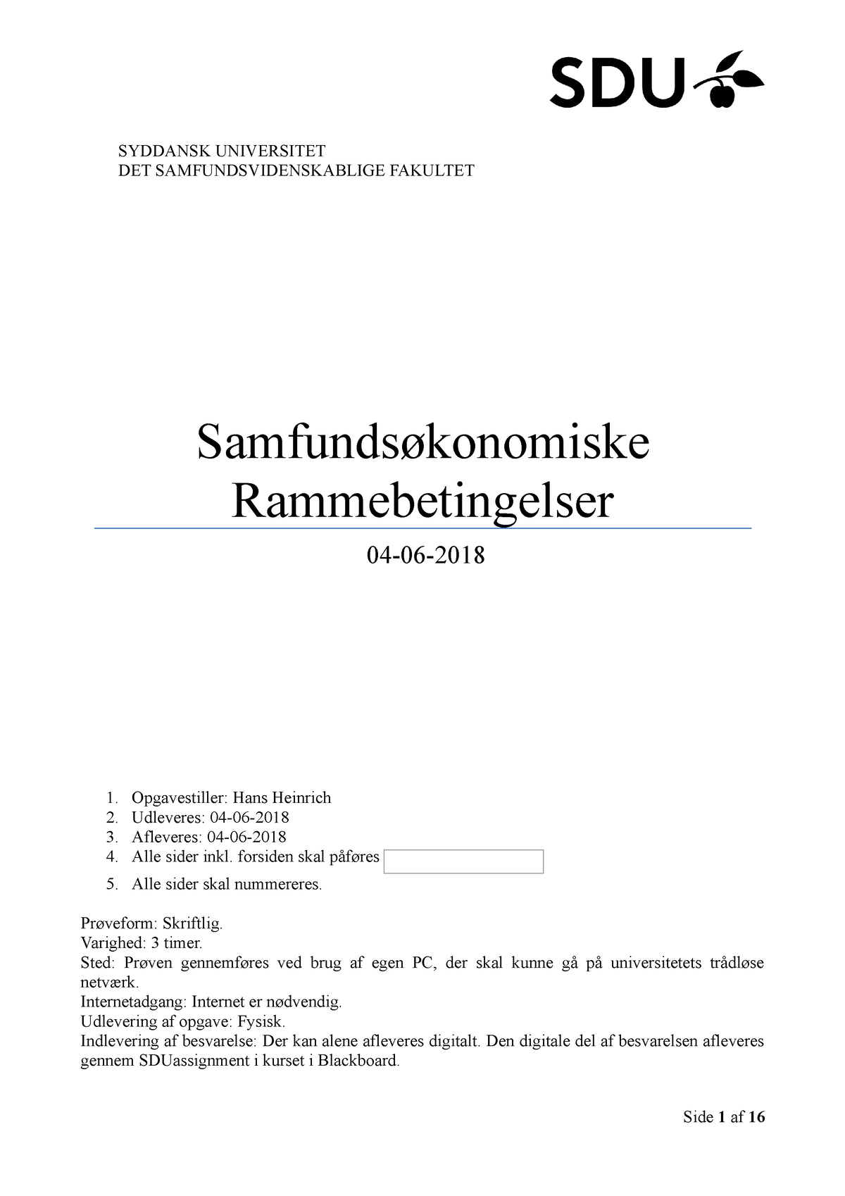 Eksamen Juni 2018 With Solution General Notes Syddansk Universitet