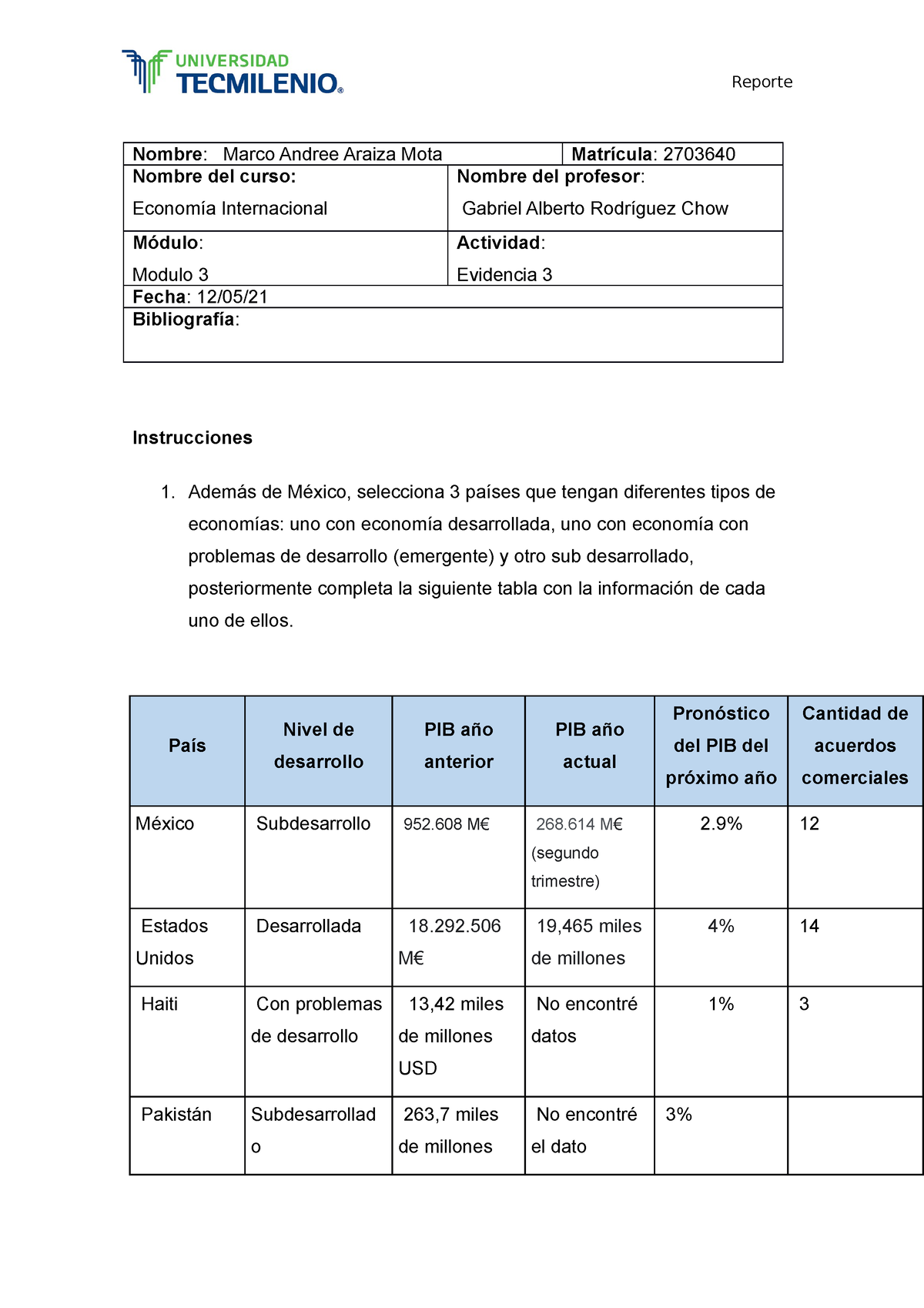 Evidencia 3 Nombre Marco Andree Araiza Mota Matrícula 2703640