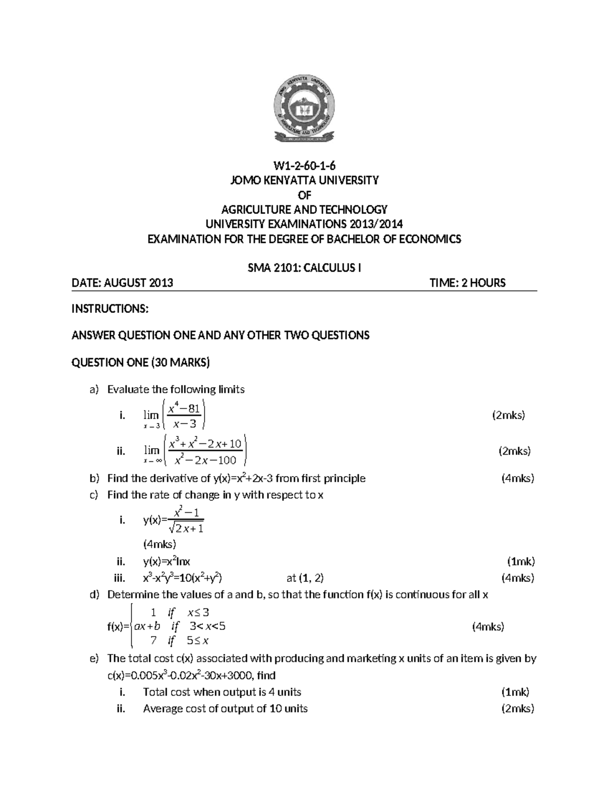 Sma 2101 Shrd Ces August W1 2 60 1 Jomo Kenyatta University Of