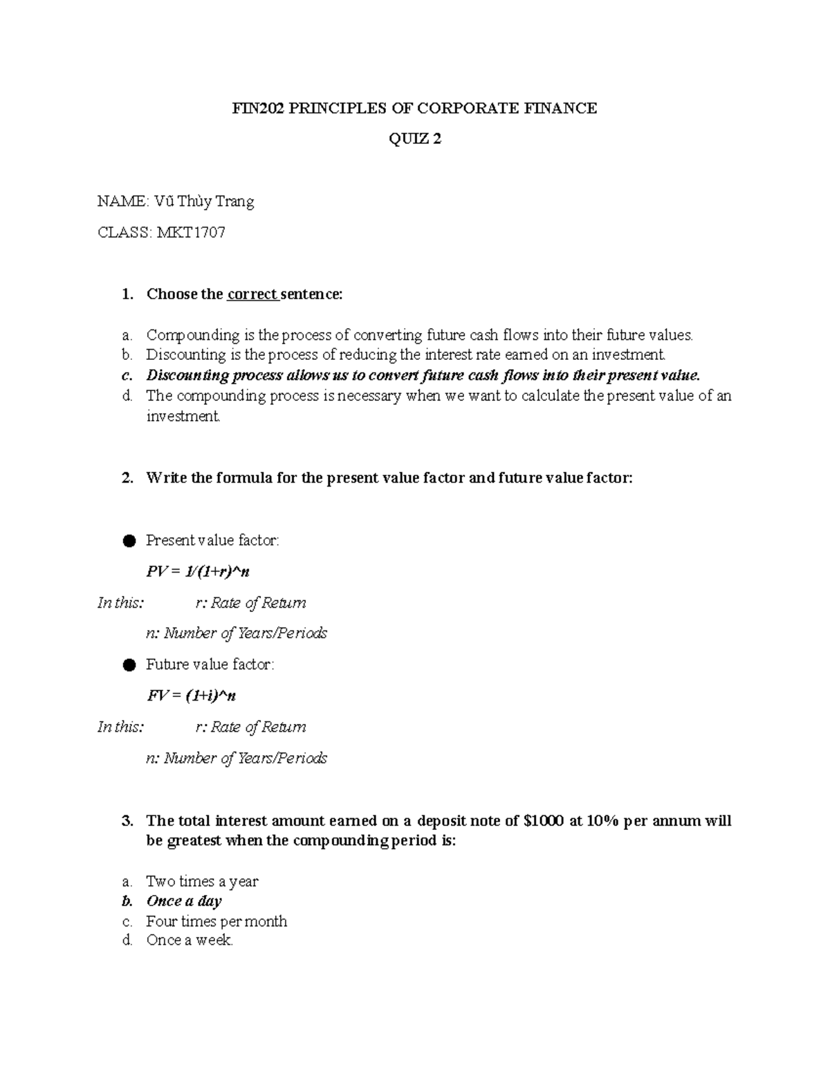 Fin202 Quiz 2 Questions Fin202 Principles Of Corporate Finance Quiz 2