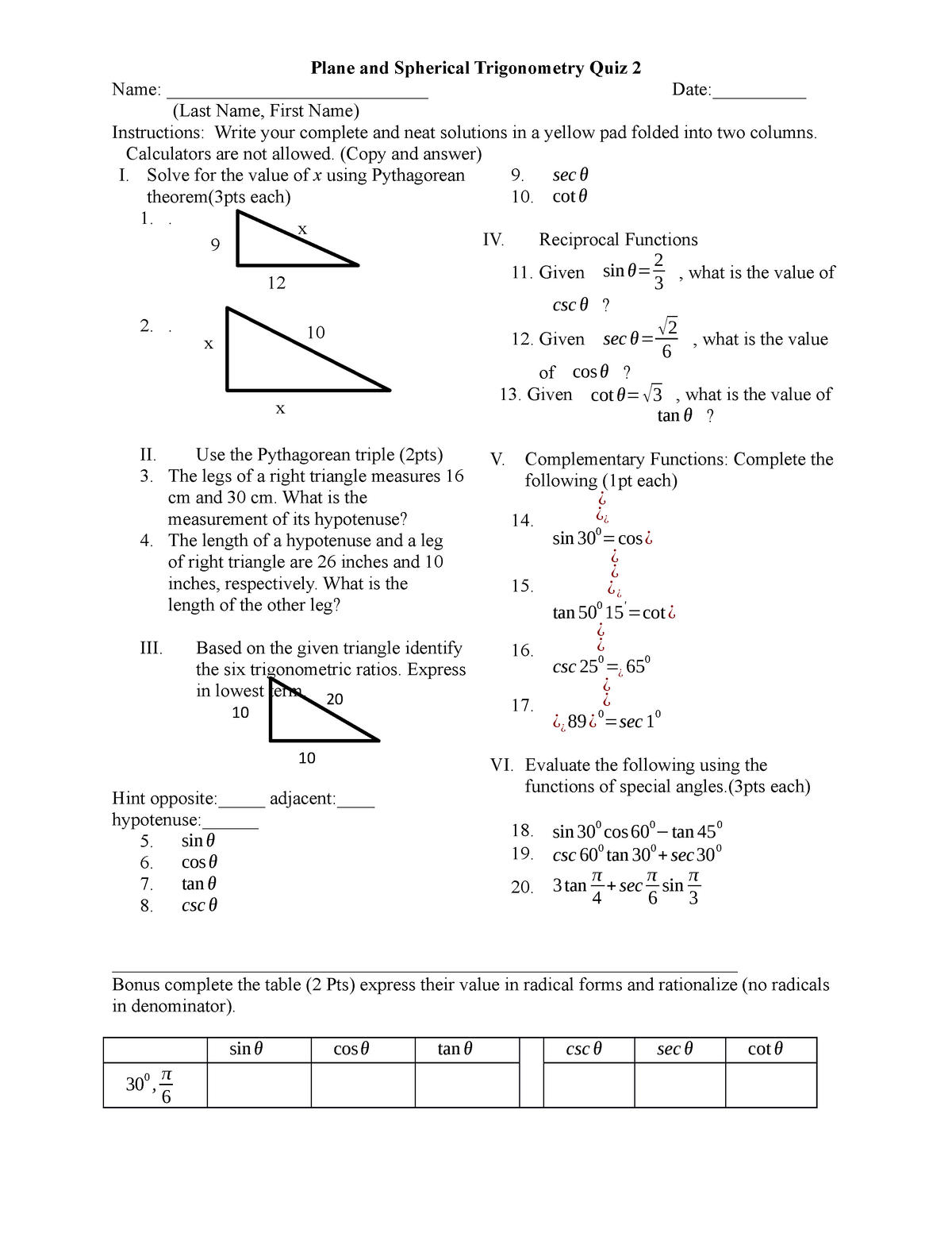 Pst Prelim Quiz 2 Plane And Spherical Trigonometry Plane And