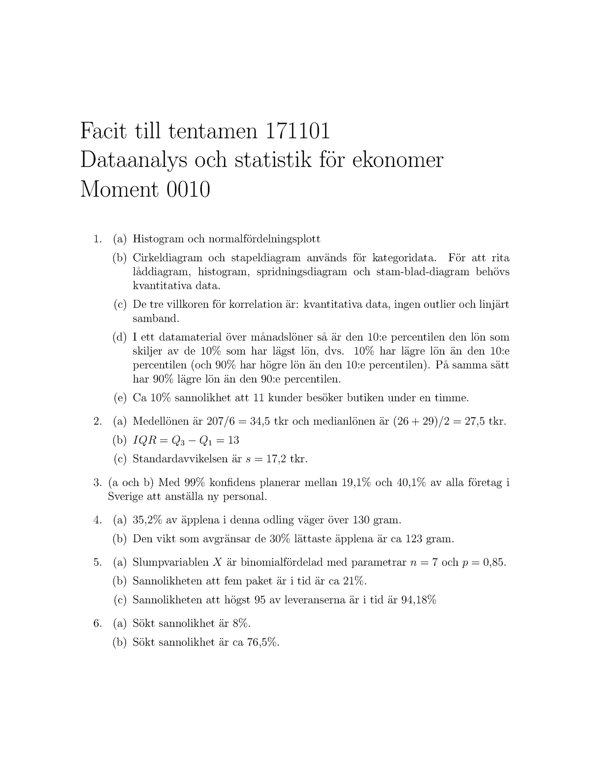 171101 Moment 0010 Facit Facit Till Tentamen 171101 Dataanalys Och