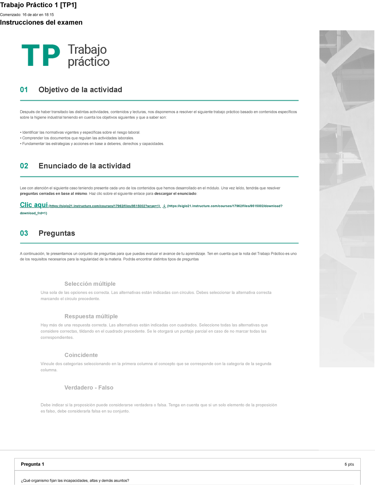 Examen Trabajo Práctico 1 Tp1 Trabajo Práctico 1 Tp1 Comenzado