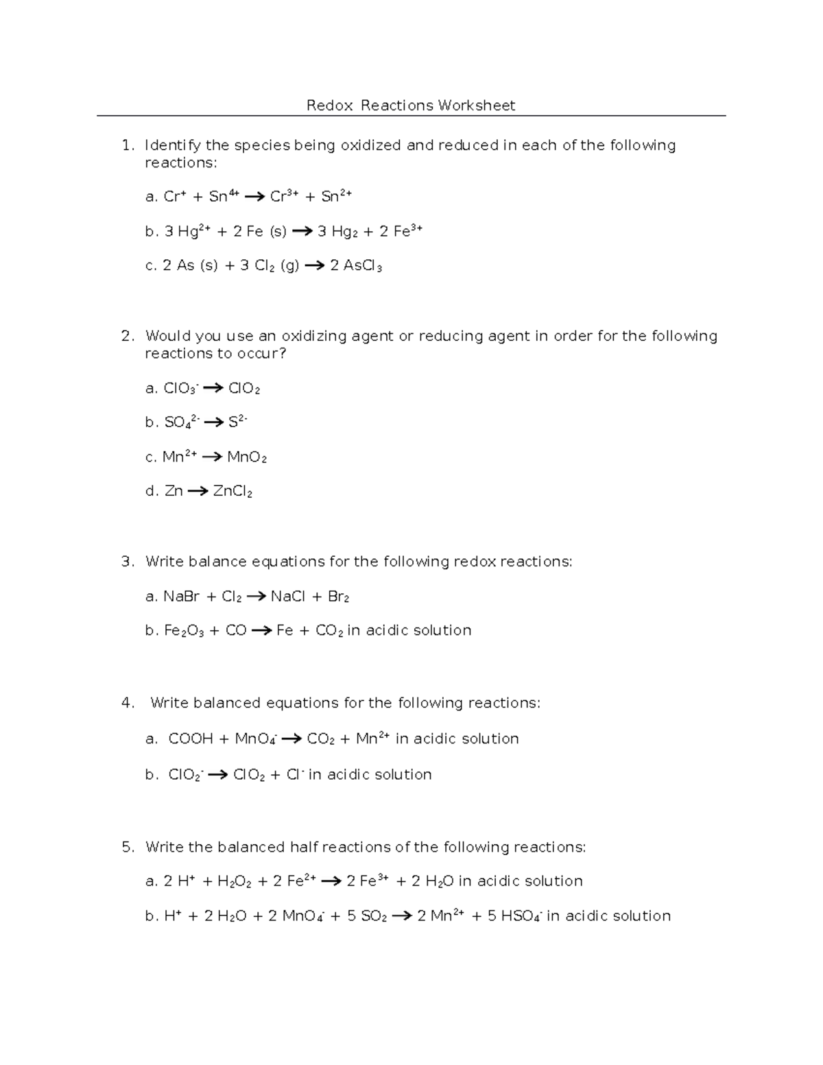 Redox Reactions Worksheet Redox Reactions Worksheet Identify The