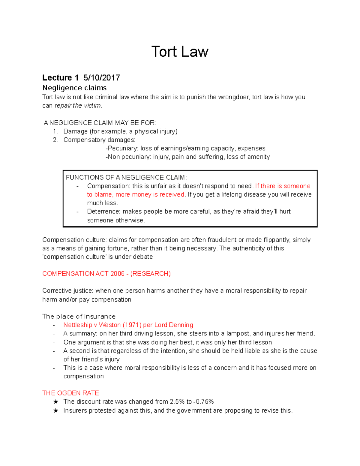 Tort Law Lecture Notes Tort Law Lecture 1 510 Negligence Claims