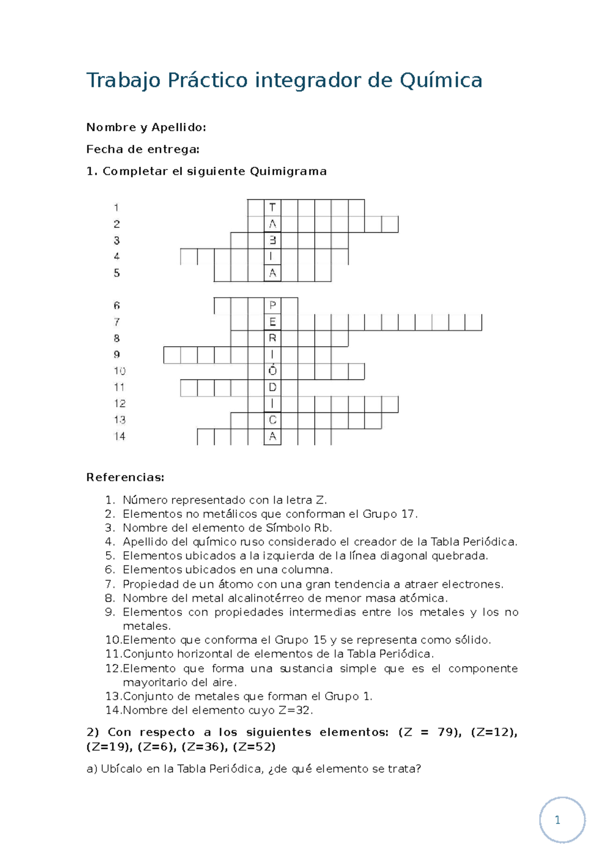 Trabajo Práctico De Química 1 Trabajo Práctico Integrador De Química