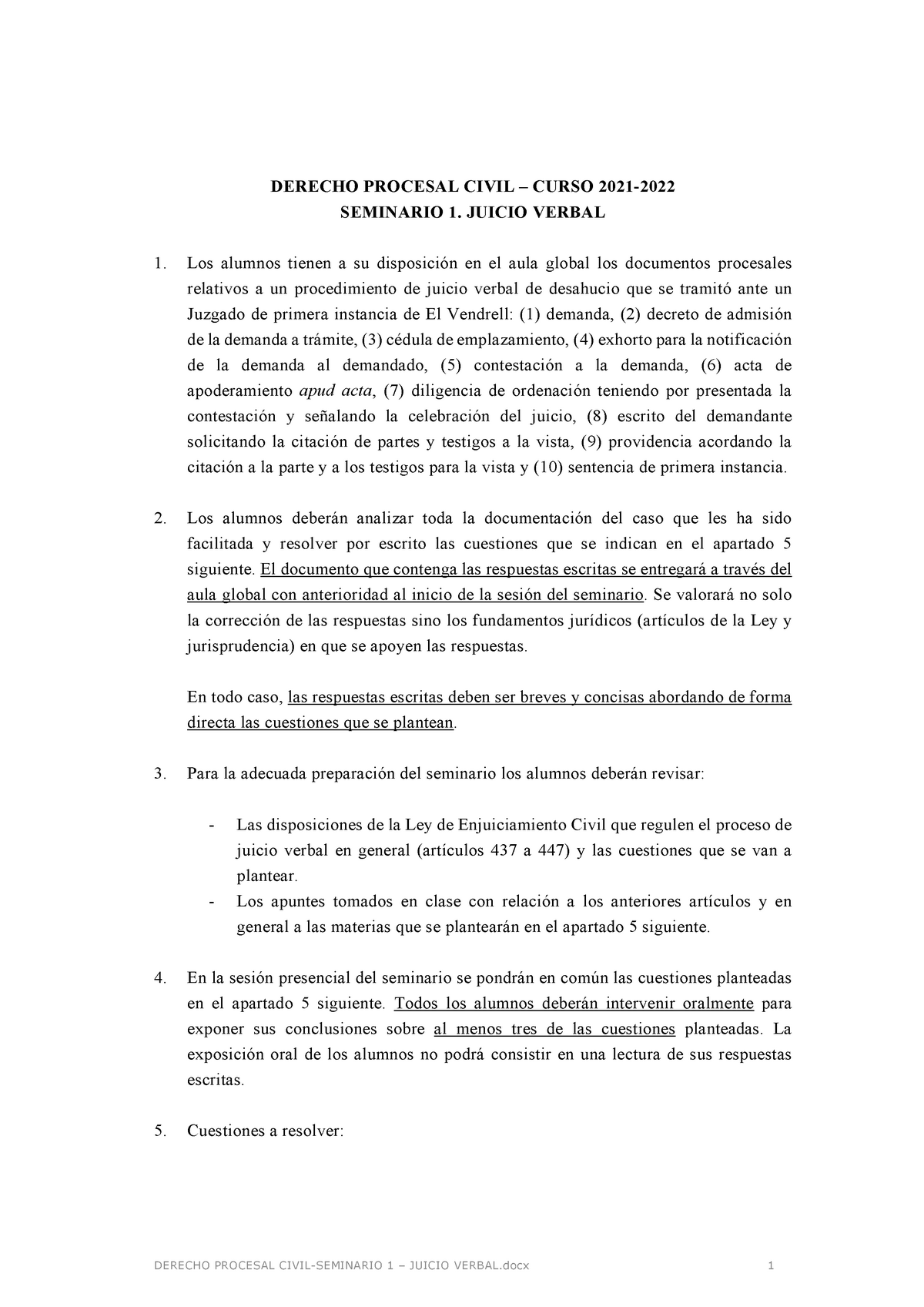 Enunciado Seminario 1 Juicio Verbal Derecho Procesal Civil