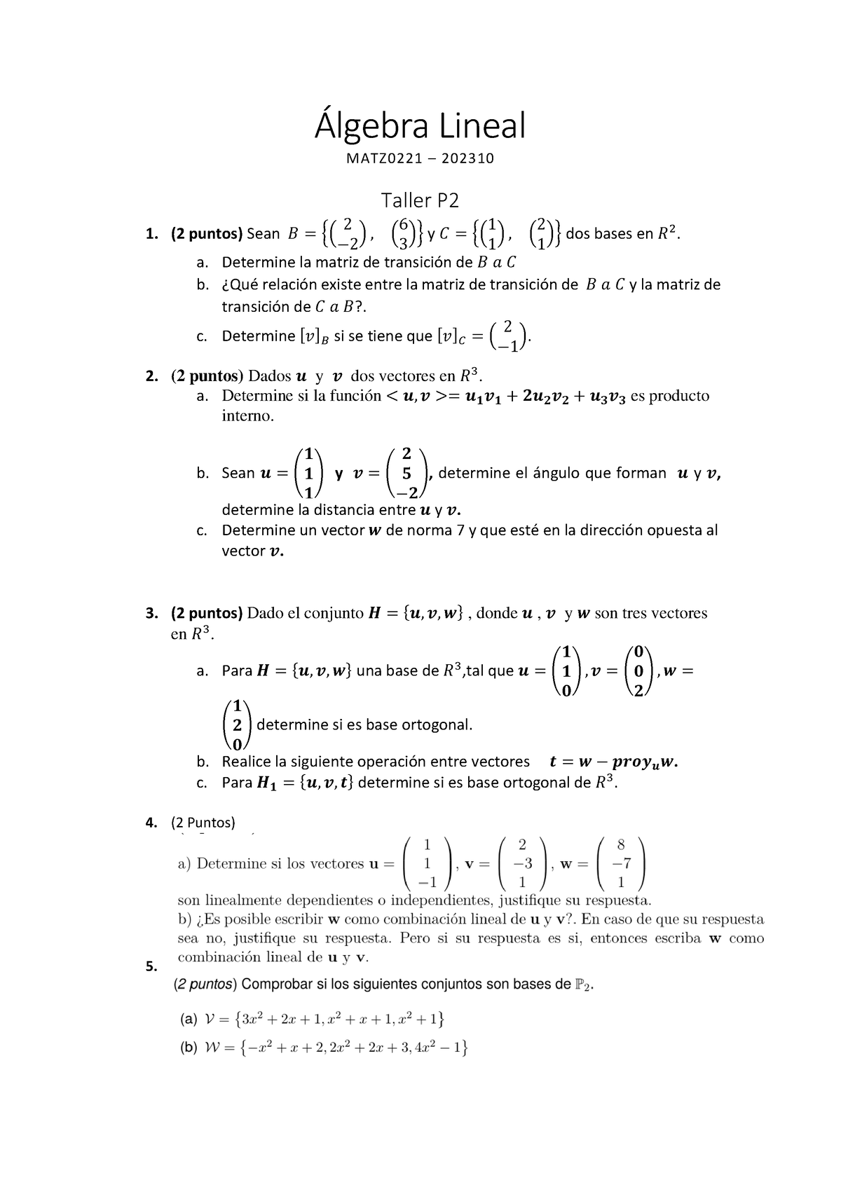 Álgebra Lineal Mate Álgebra Lineal Matz0221 202310 Taller P 2