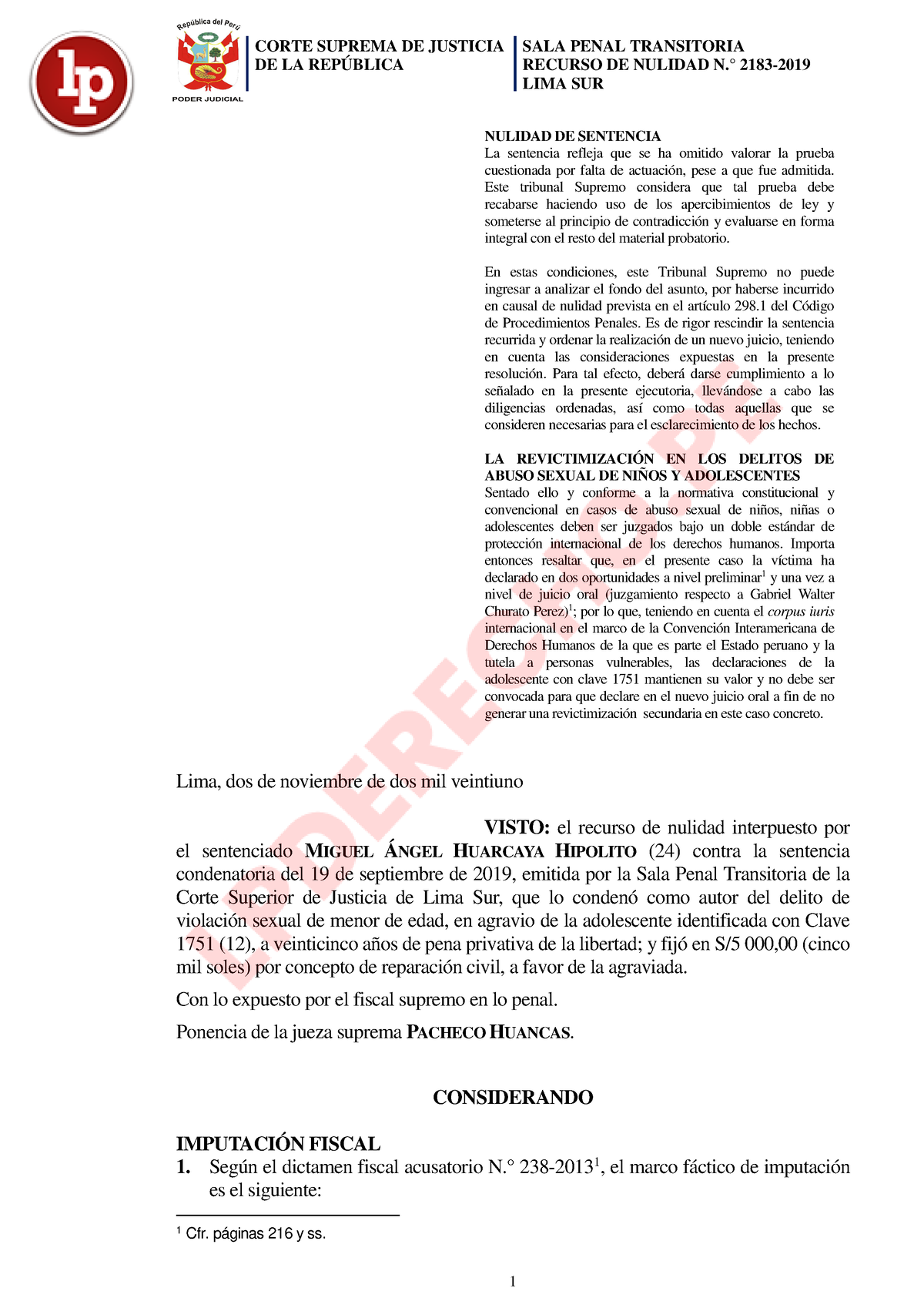 Recurso Nulidad 2183 2019 Lima Sur Lpderecho De La RepÚblica Recurso