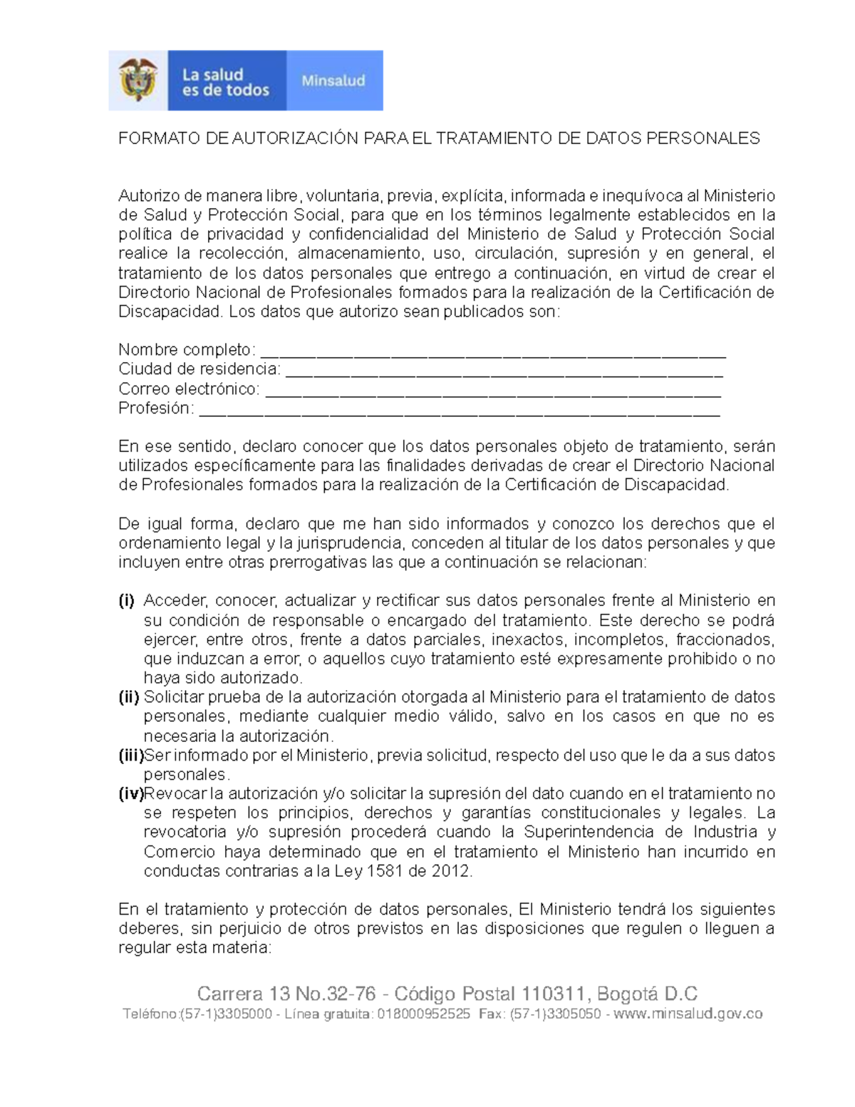 Formato De Autorización Para El Tratamiento De Datos Personales