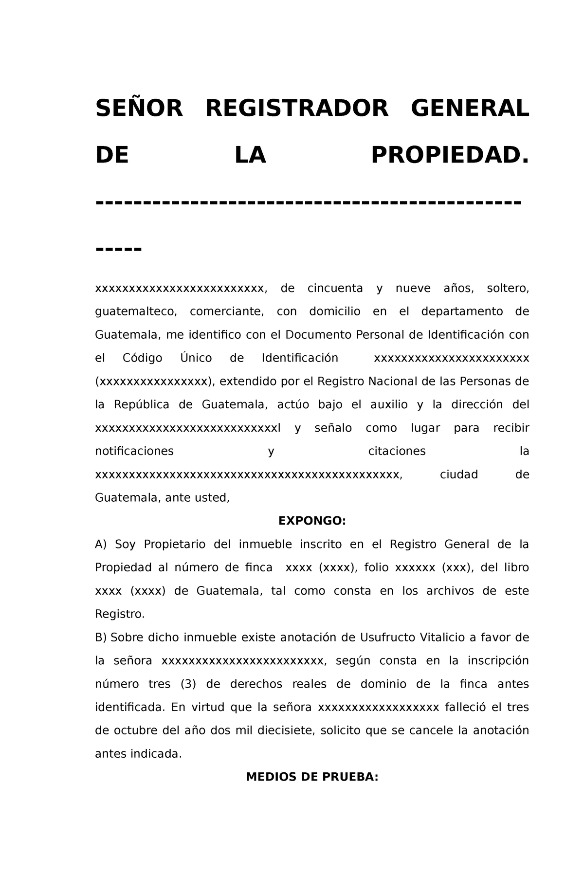 Solicitud Cancelación Usufructo Vitalicio Copia SeÑor Registrador