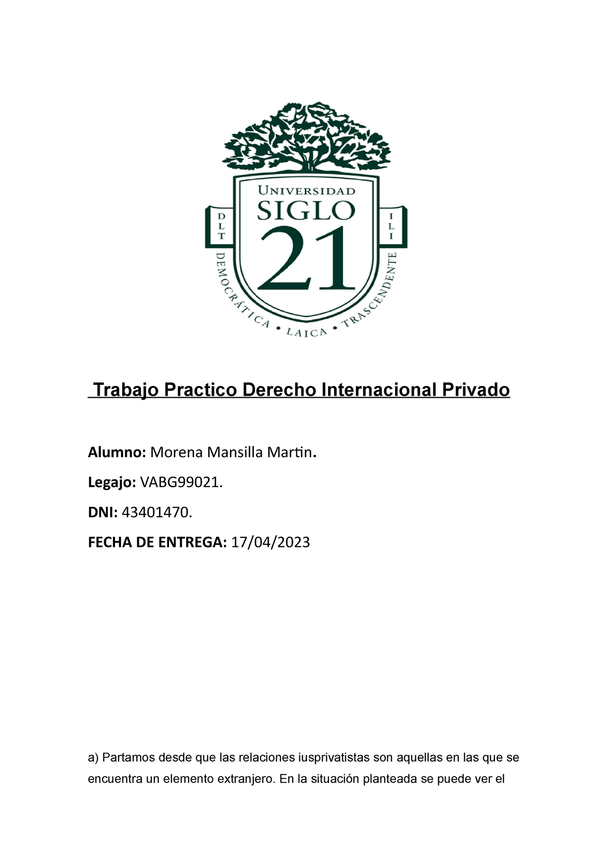 Tp 1 Derecho Internacional Privado Trabajo Practico Derecho