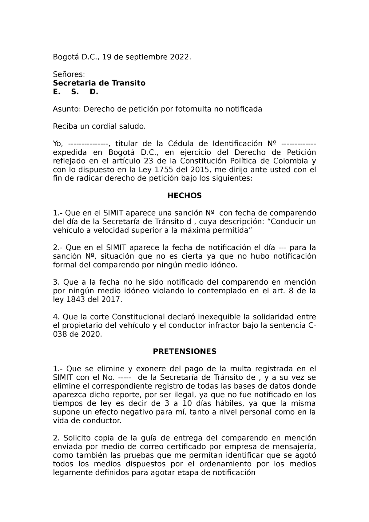 Derecho De Peticion Fotomulta Bogotá D 19 De Septiembre 2022