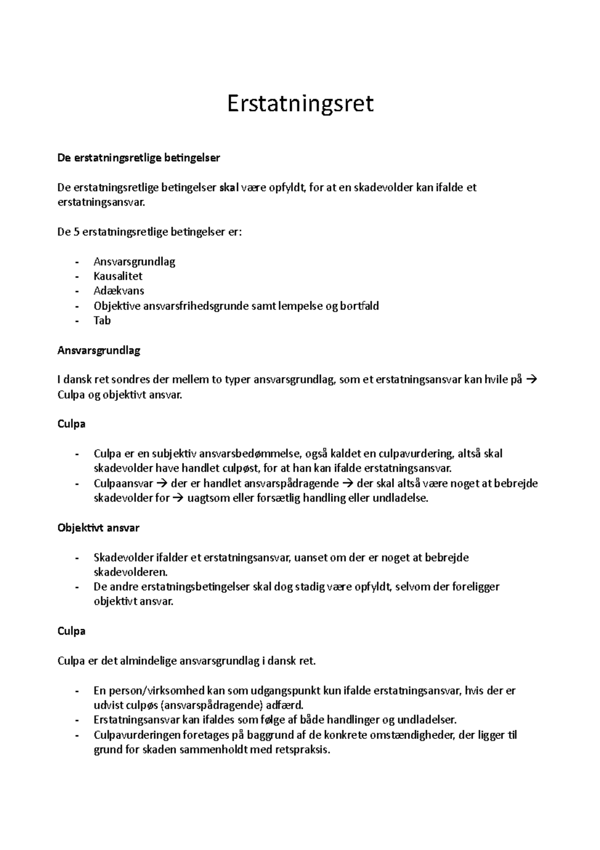 Erstatningsret Noter Foredragsnotater 1 10 Erstatningsret De