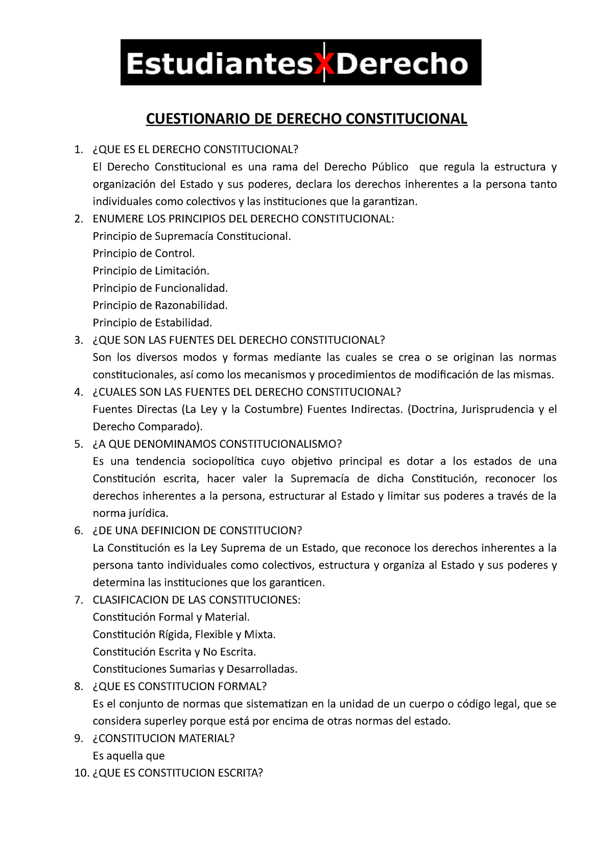 Cuestionario De Derecho Constitucional Cuestionario De Derecho