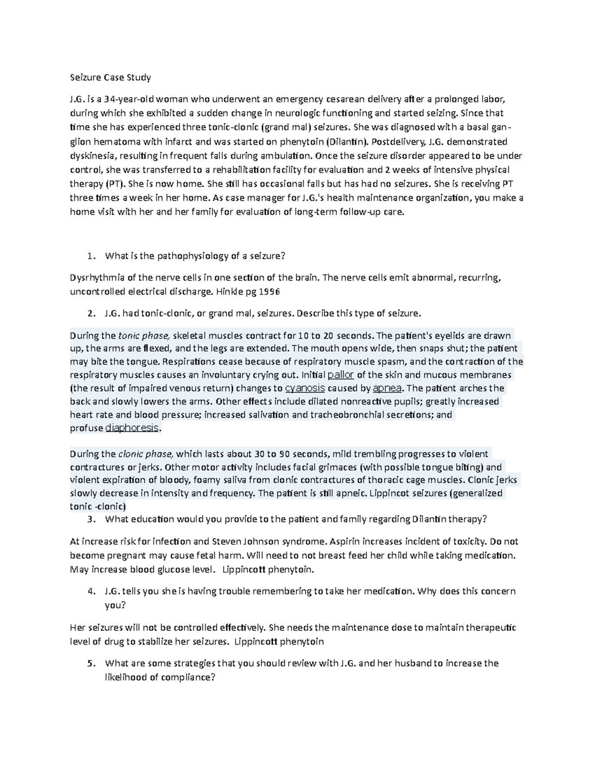 Seizure Case Study Group 5 With Instructors Notes Seizure Case Study