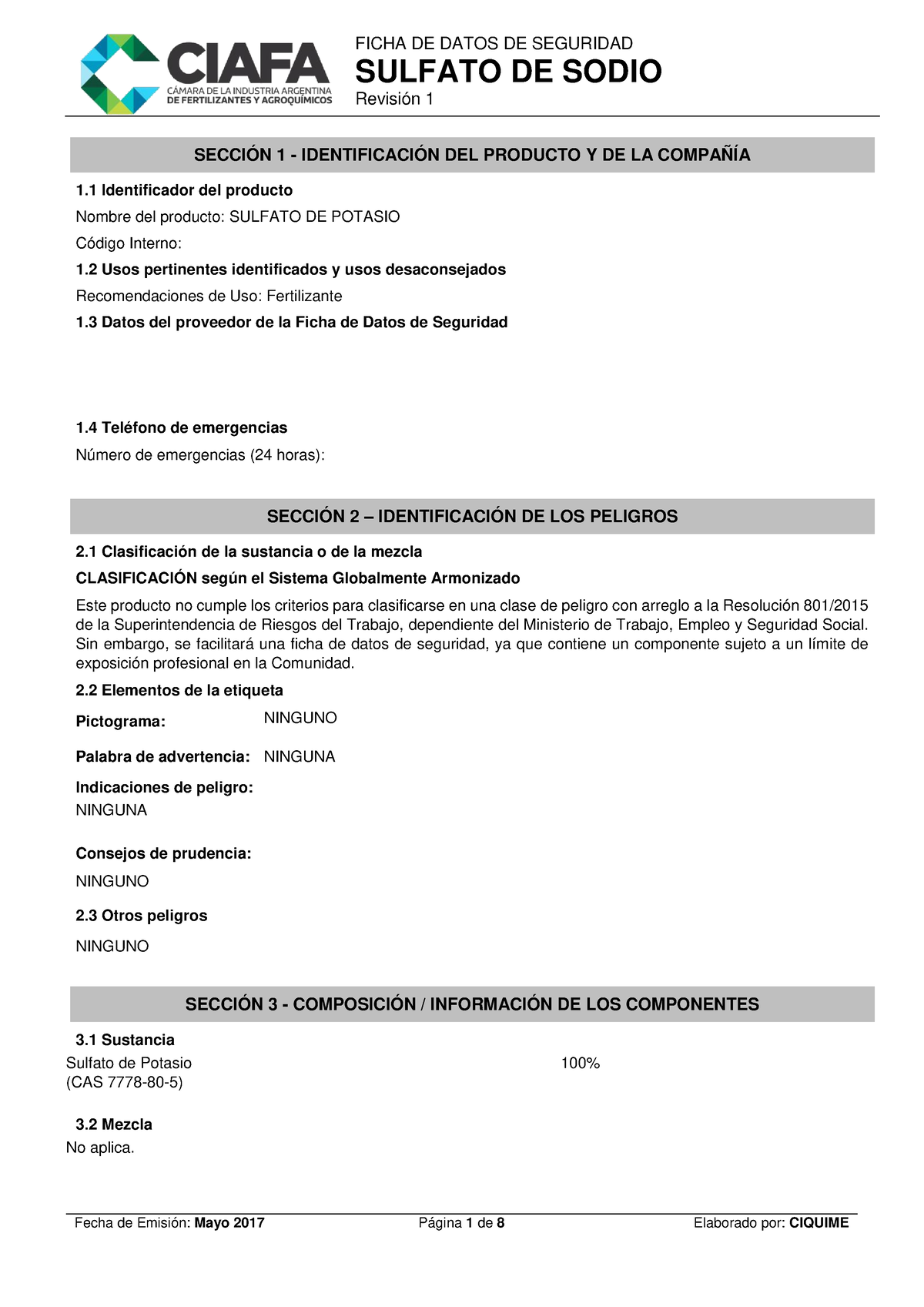 Na2so4 Hoja De Seguridad Sulfato De Sodio Revisión 1 SecciÓn 1